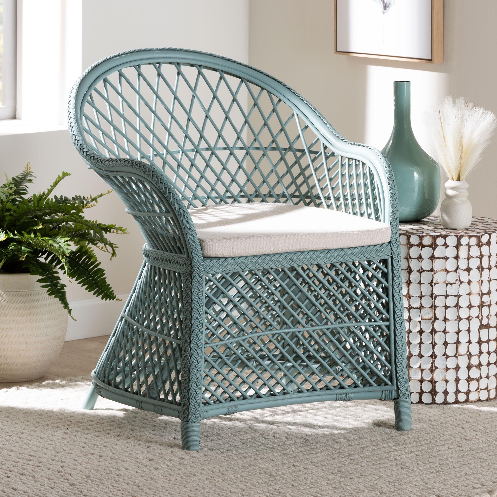 Casilda Bohemian Light Blue Braided Rattan Arm Chair | Brylane Home