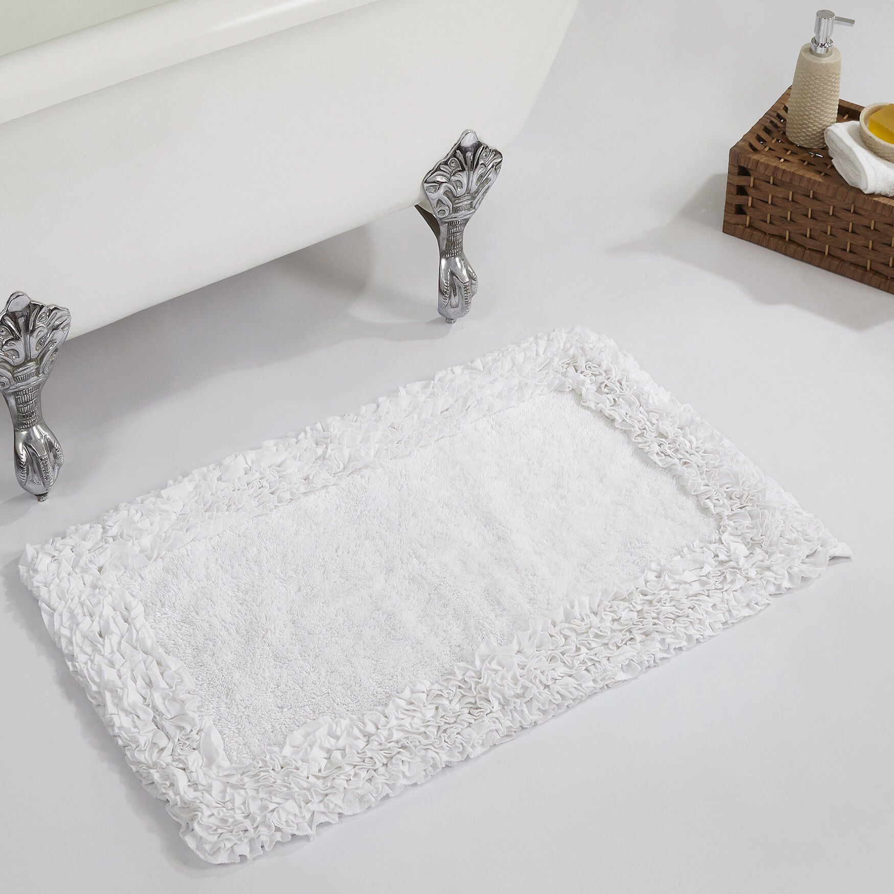 Simple Shaggy Border Bath Rug Mat, 21" X 34", White | Brylane Home