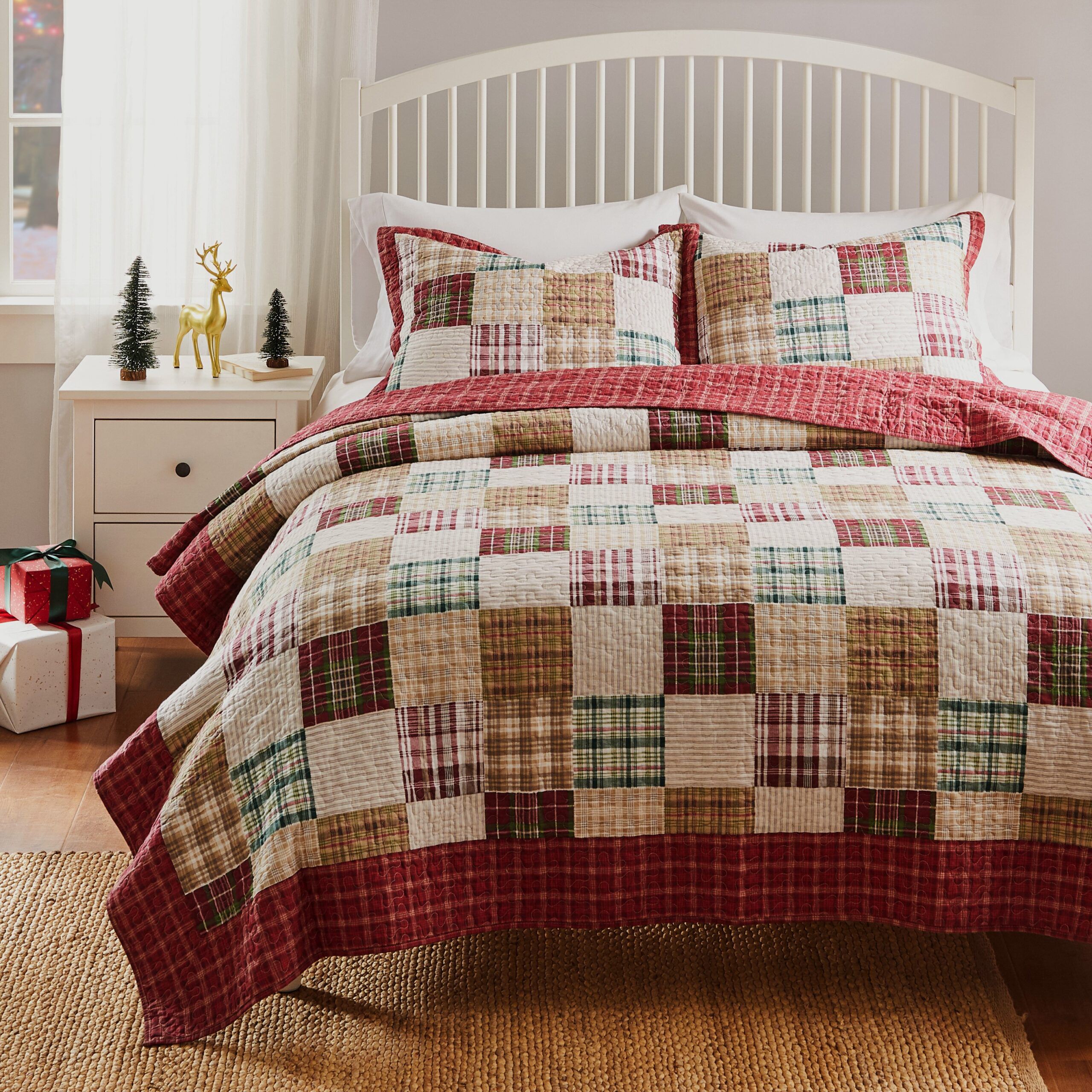 Oxford Cotton Patchwork Quilt Set, Red, 3-Piece King | Brylane Home