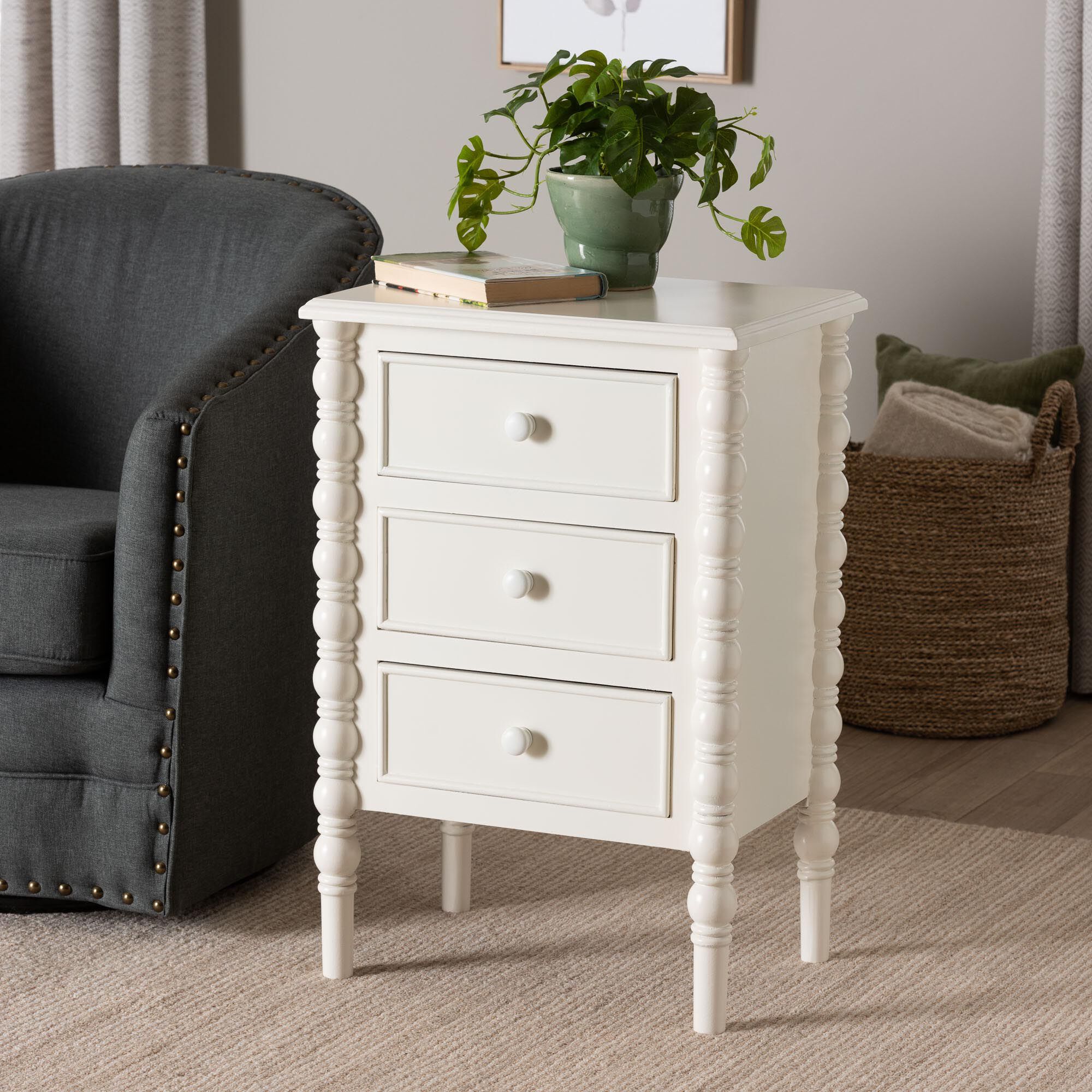Malinda Classic White Wood 3-Drawer End Table with Spindle Legs ...