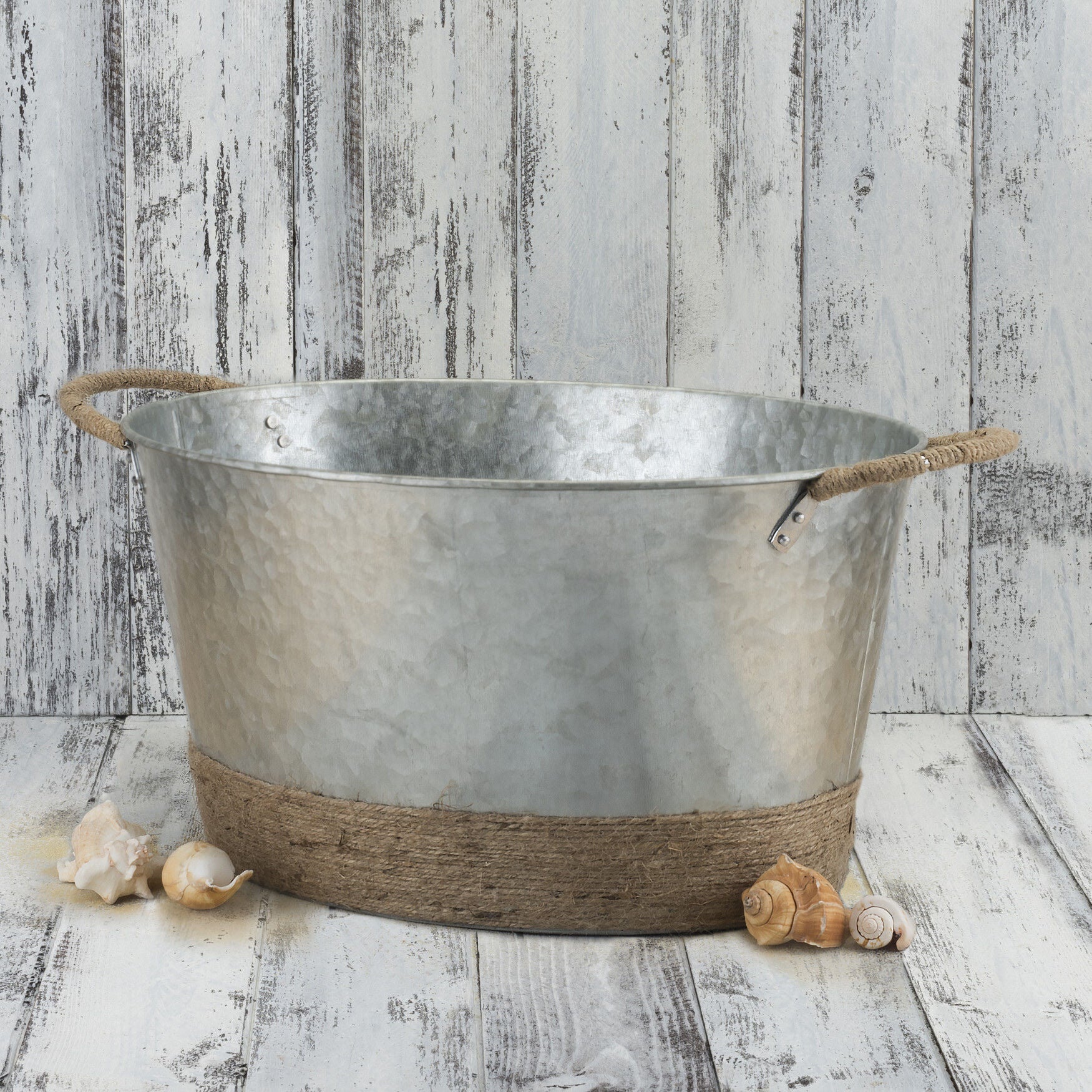 Traditional Jute Rope Wrapped Galvanized Tub, Silver | Brylane Home