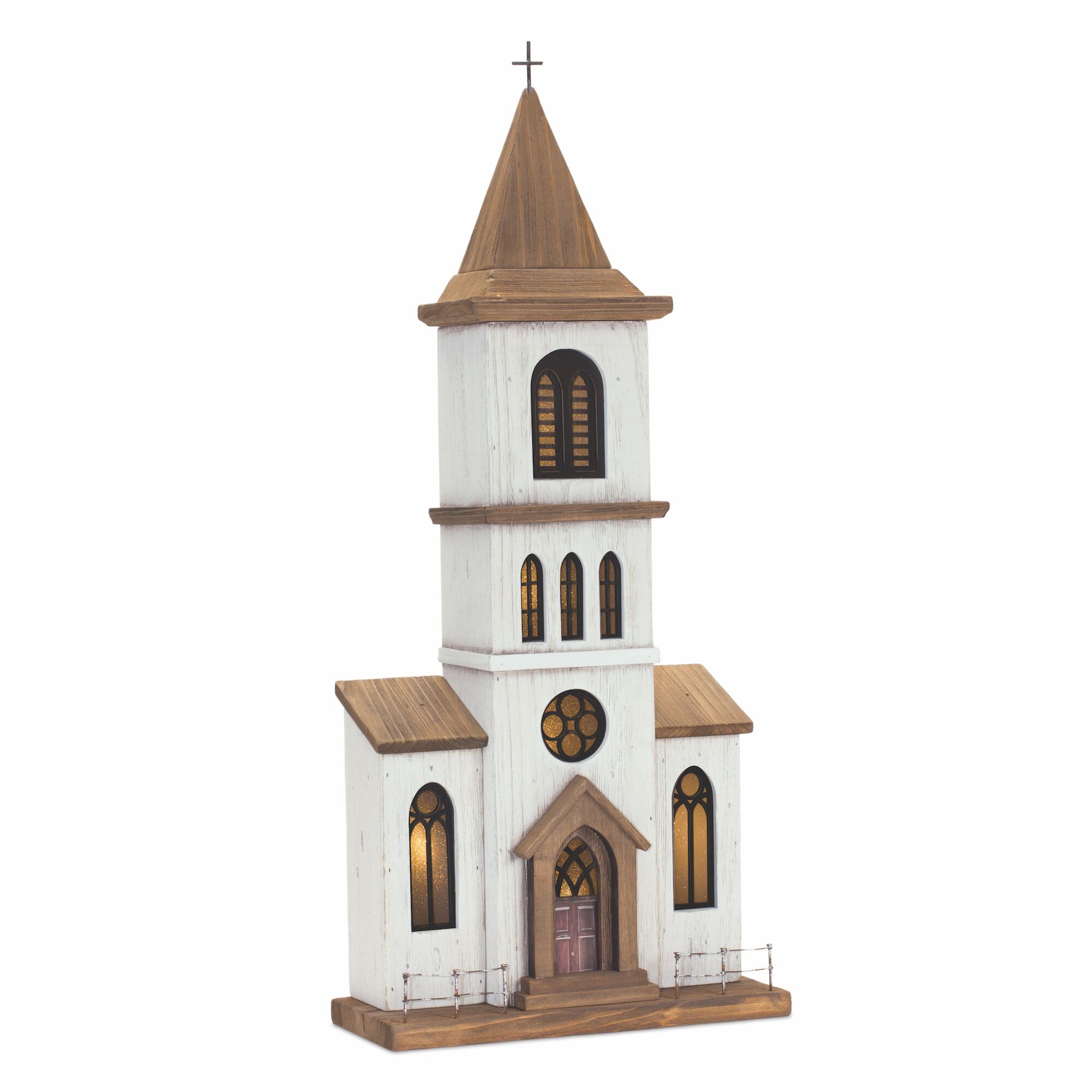 Lighted Natural Wooden Church Display with Rustic Metal Accents 25.25"H ...