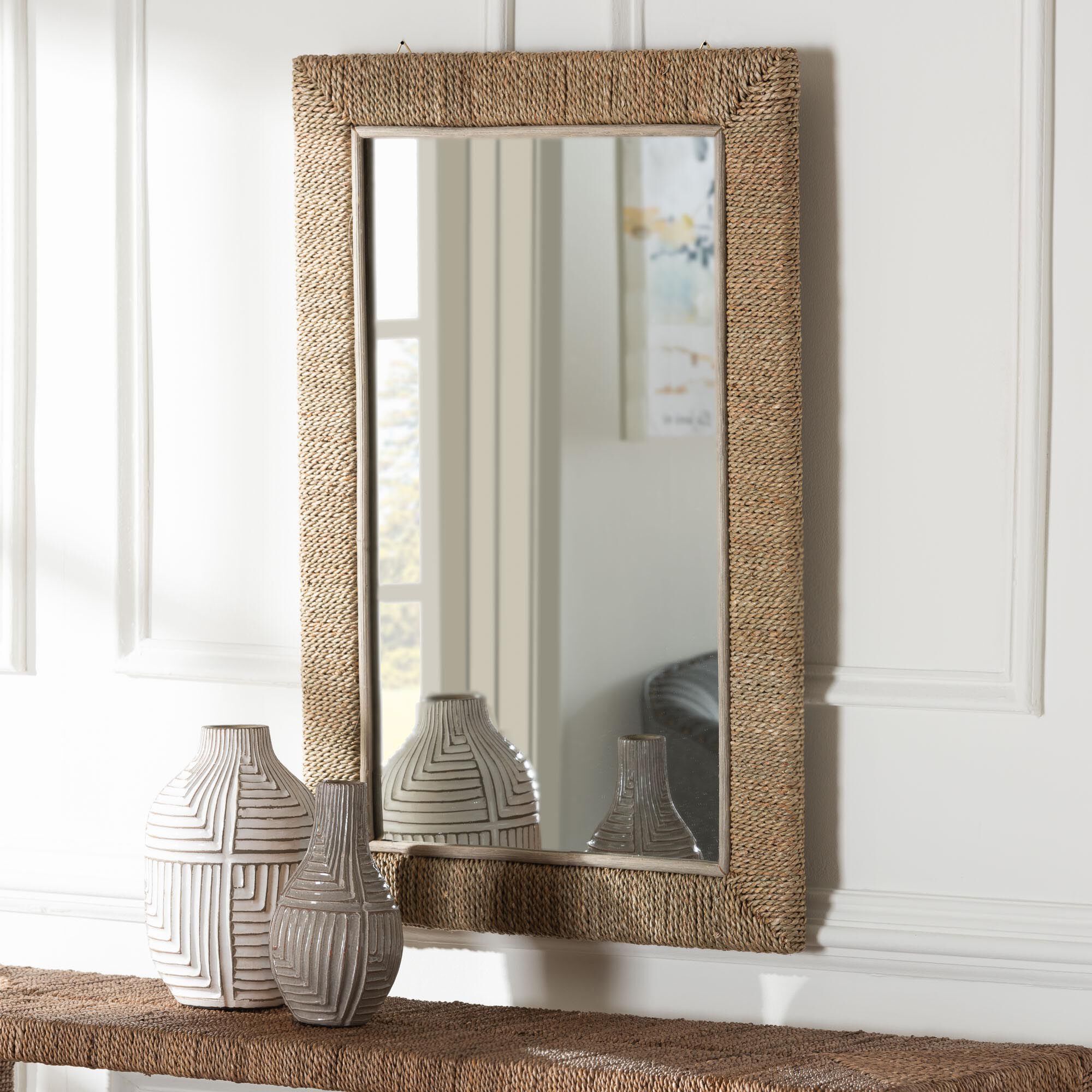 Geralyn Japandi Natural Seagrass Rectangular Wall Mirror | Brylane Home
