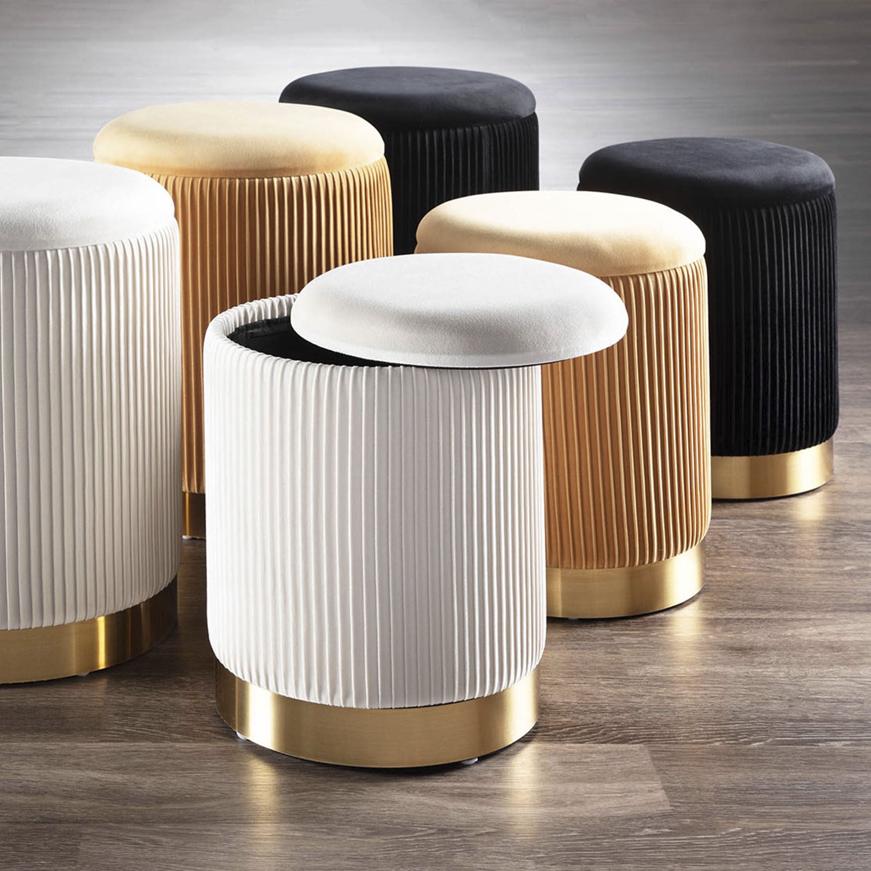 Chic Marla Nesting Pleated Ottoman Set, Gold Cream | Brylane Home