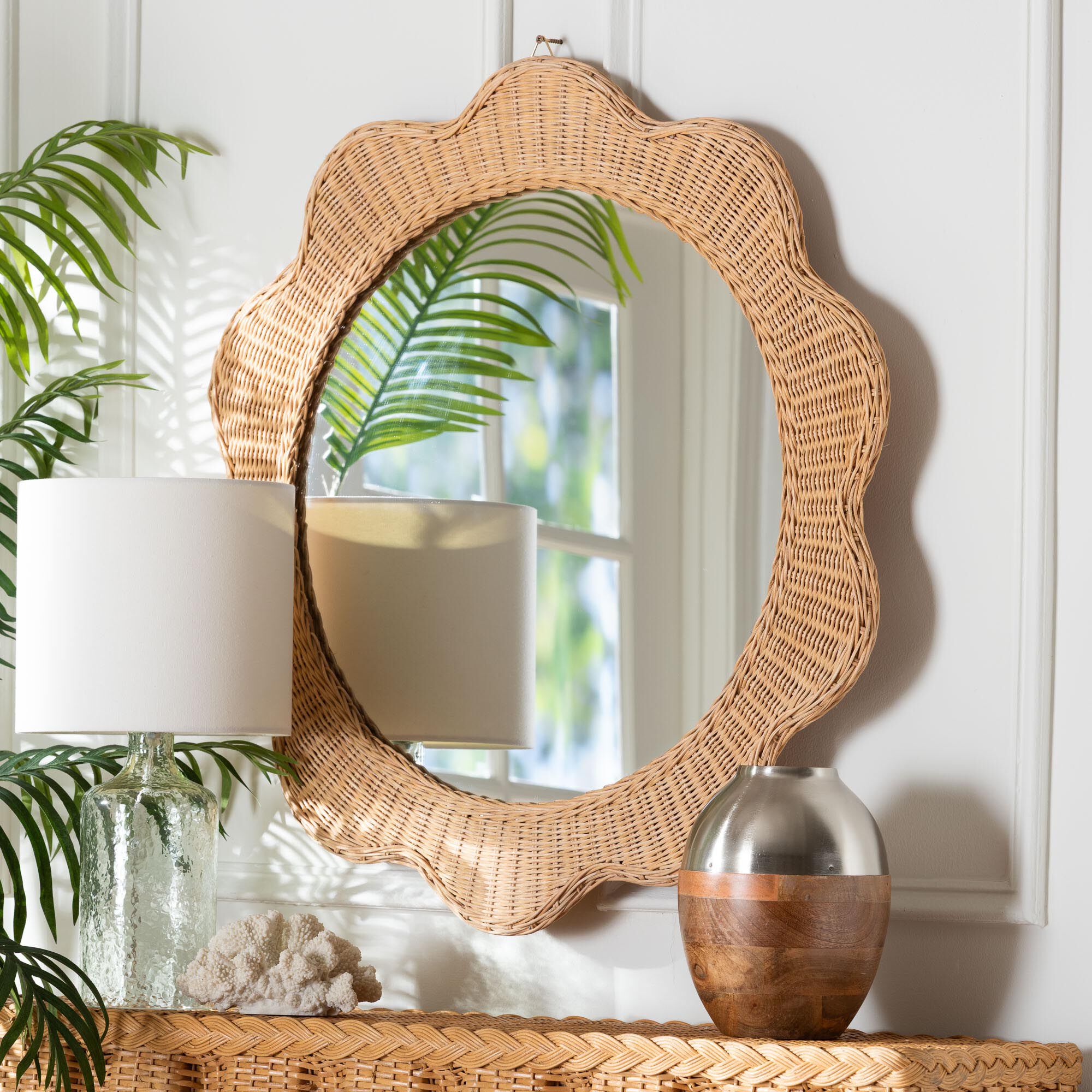 Makoto Scalloped Natural Rattan Wall Mirror - Round | Brylane Home