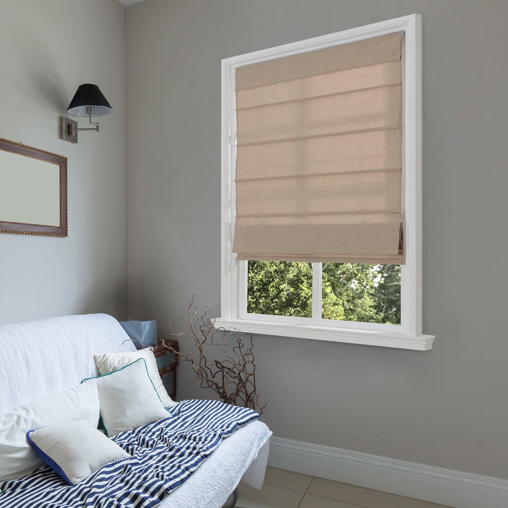 Simple Cordless Light Filtering Fabric Roman Shades, Linen | Brylane Home