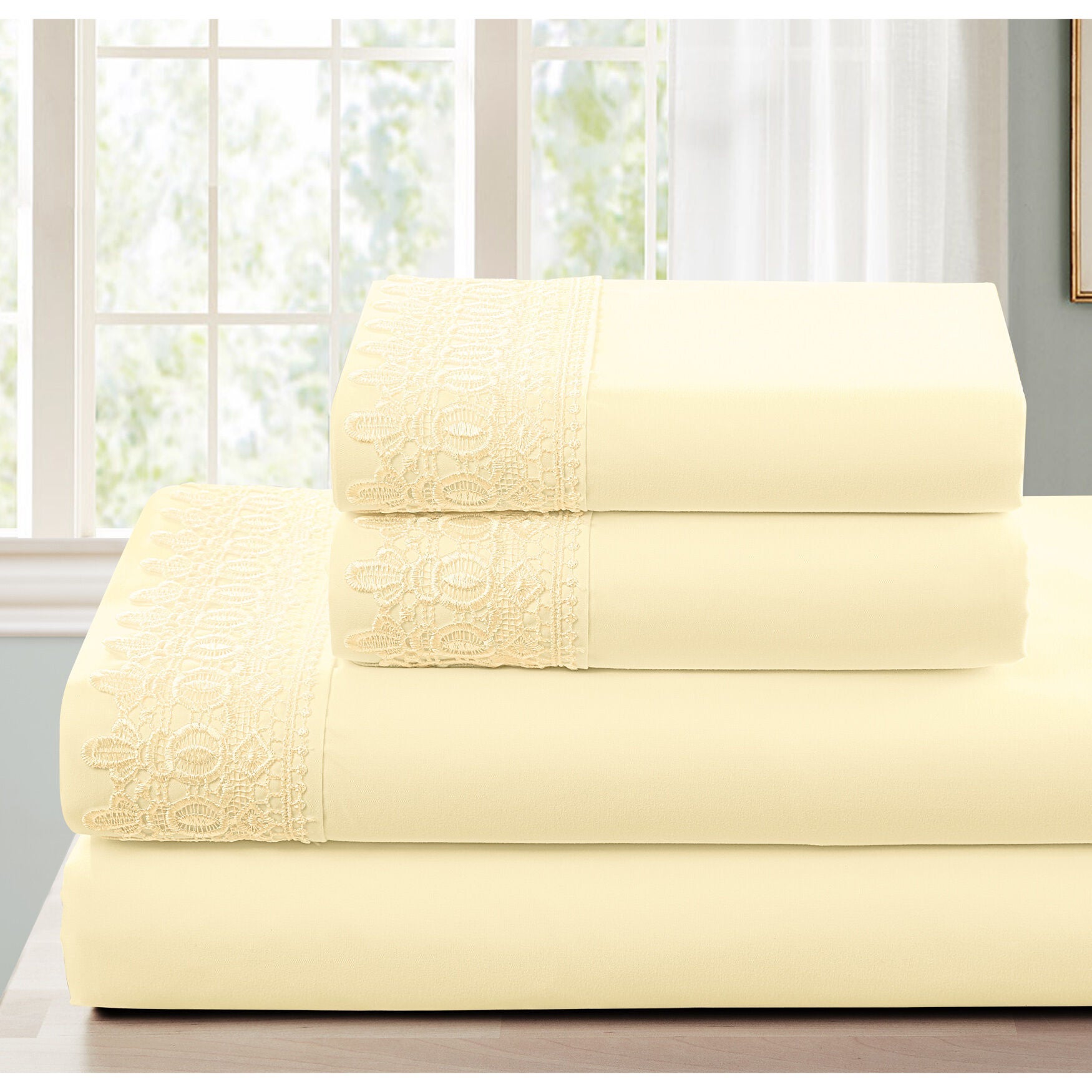 Traditional 4-pc Lace Trim Sheet Set, Ivory | Brylane Home