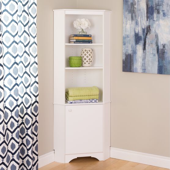 Elite White Tall 1-Door Corner Storage Cabinet | Brylane Home