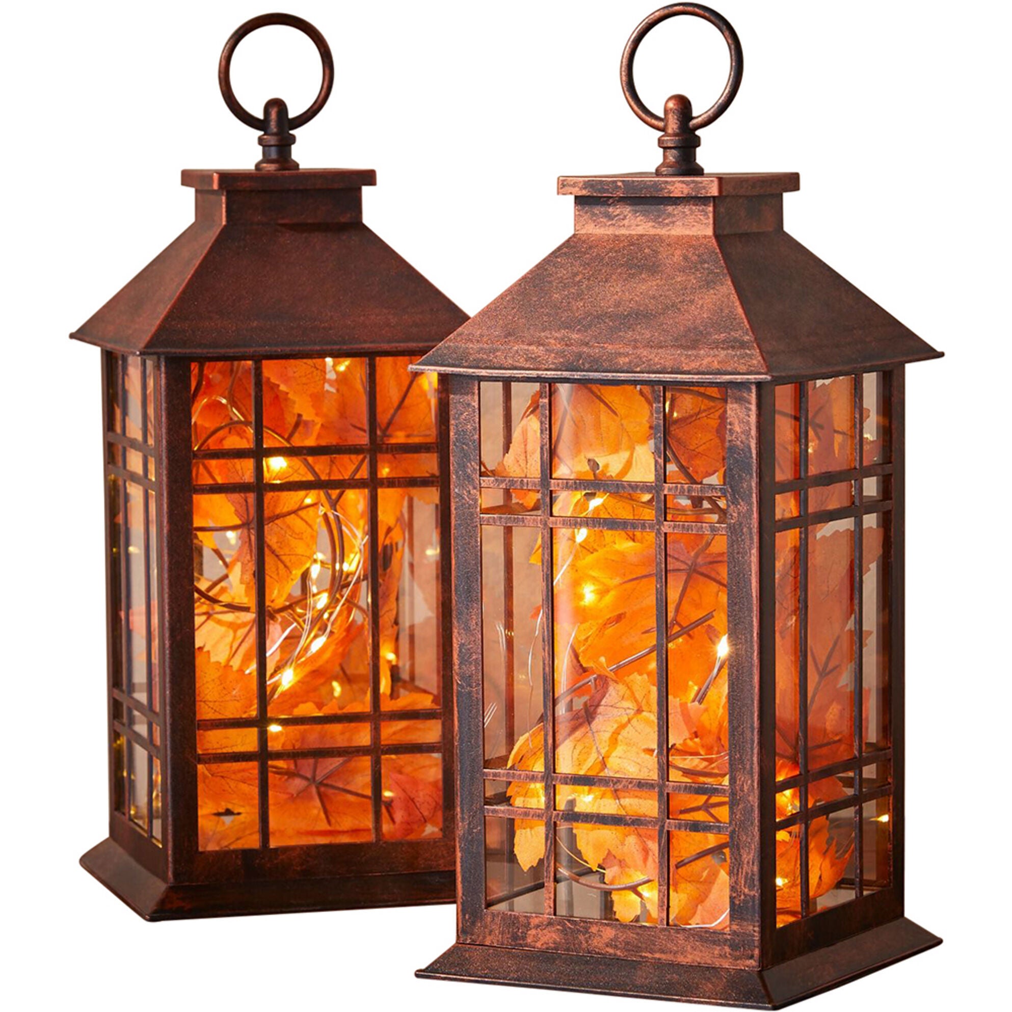 Seasonal Set of 2 Harvest Maple Leaf Lanterns, Brown | Brylane Home