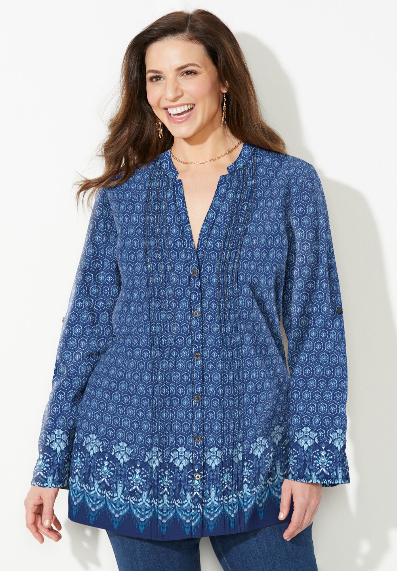 Mandarin Collar Pintuck Shirt | Brylane Home