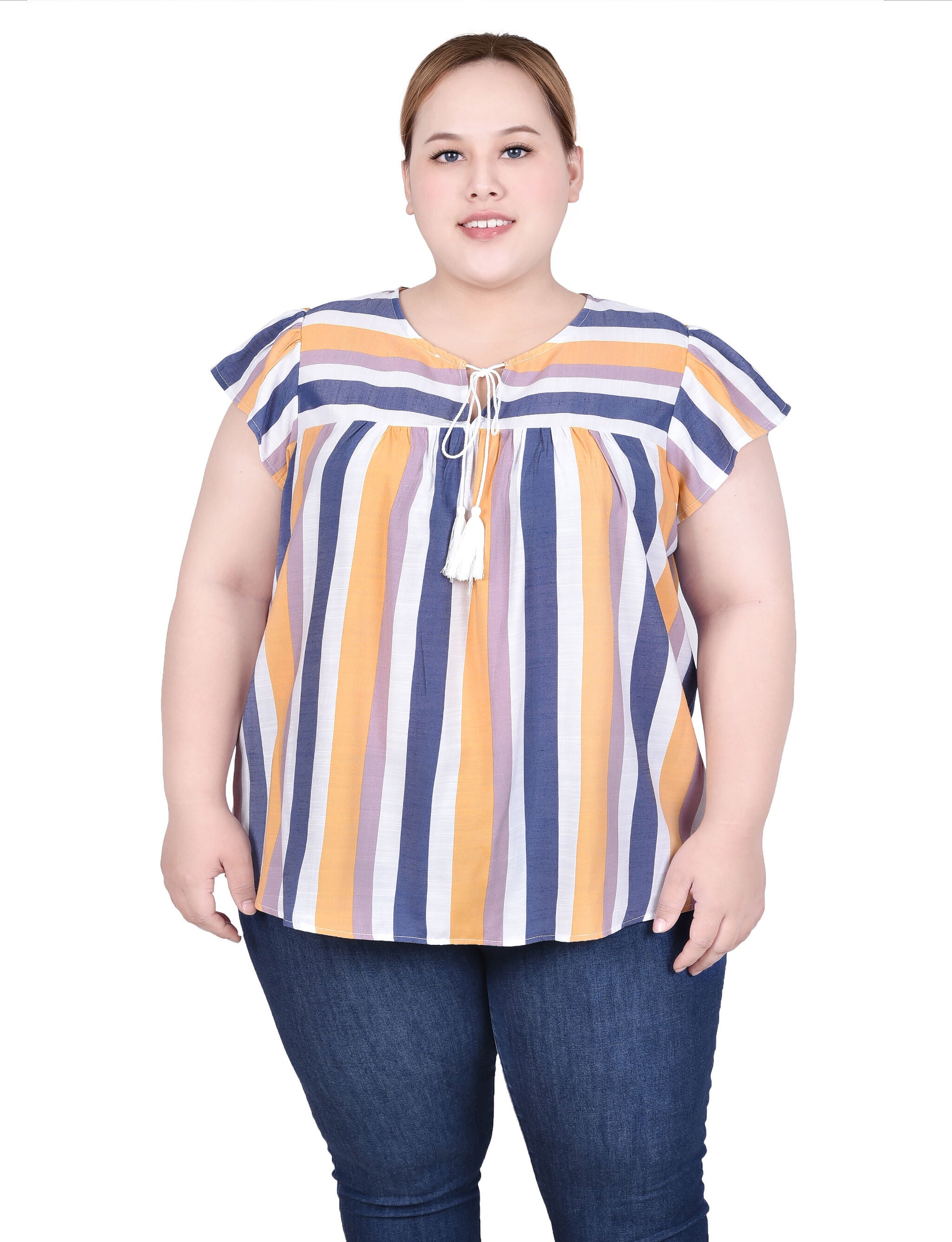 Flutter Sleeve Vertical Striped Blouse | Brylane Home