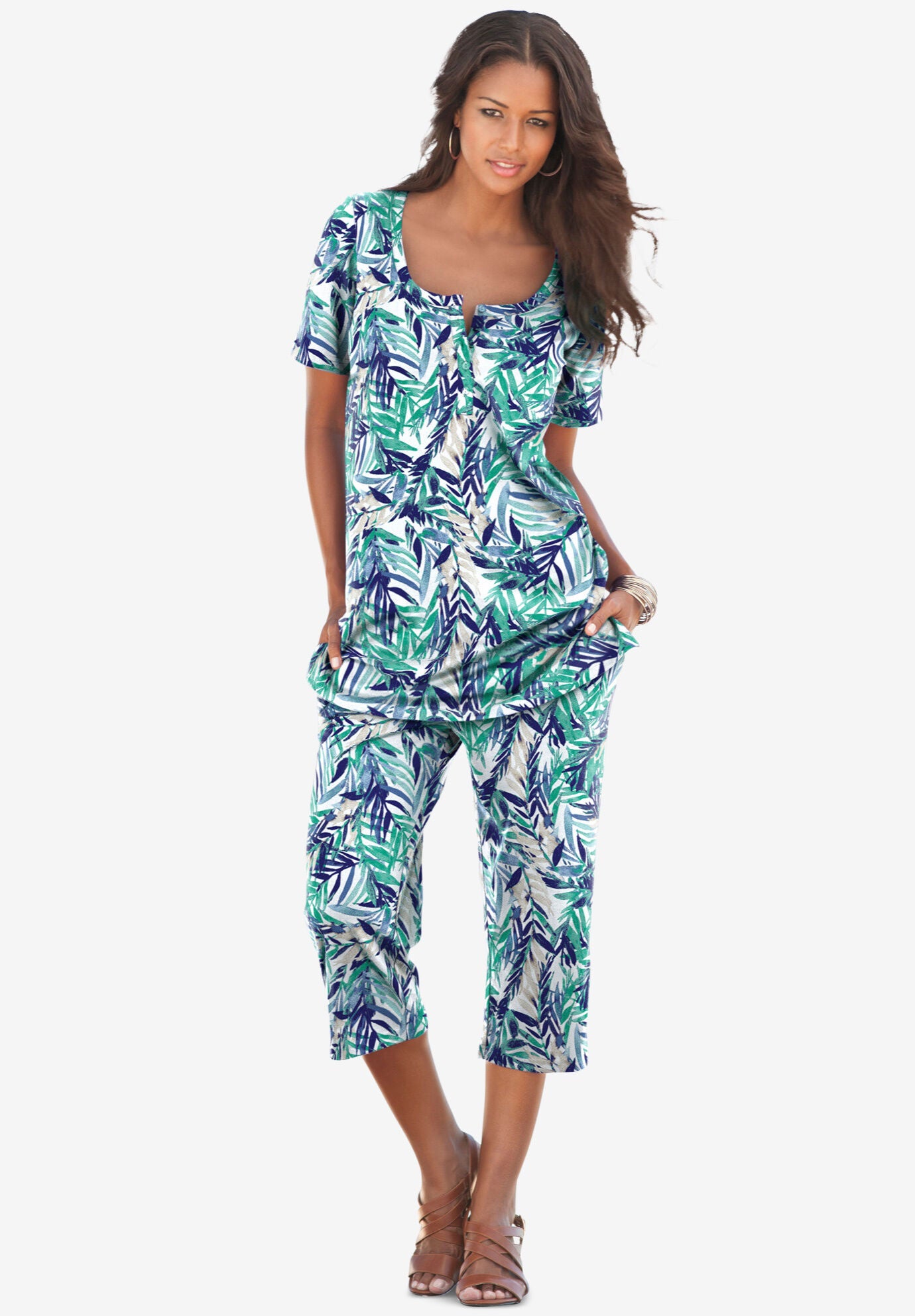 Printed Henley Capri Set | Brylane Home
