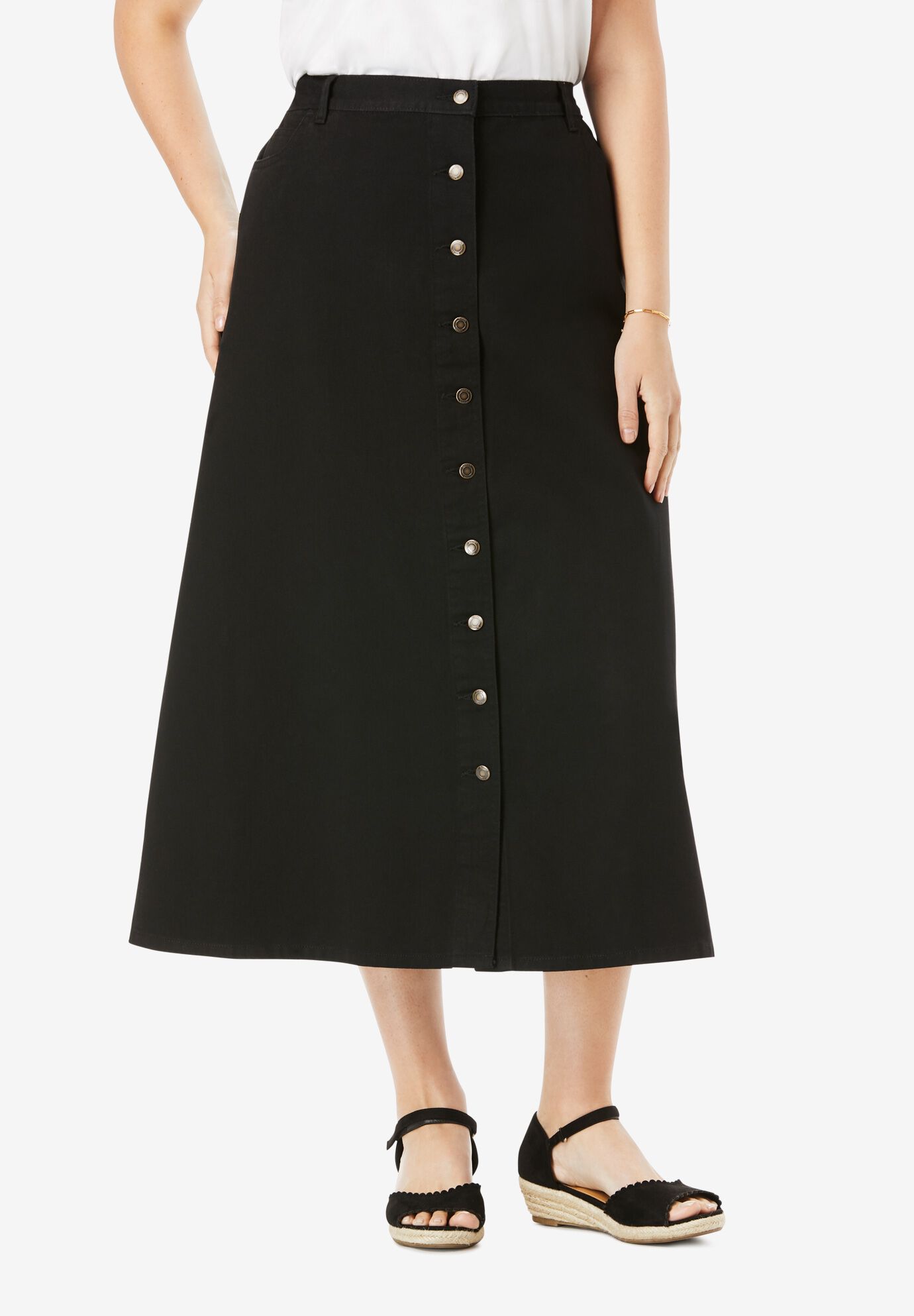 Perfect Cotton Button Front Denim Skirt | Brylane Home