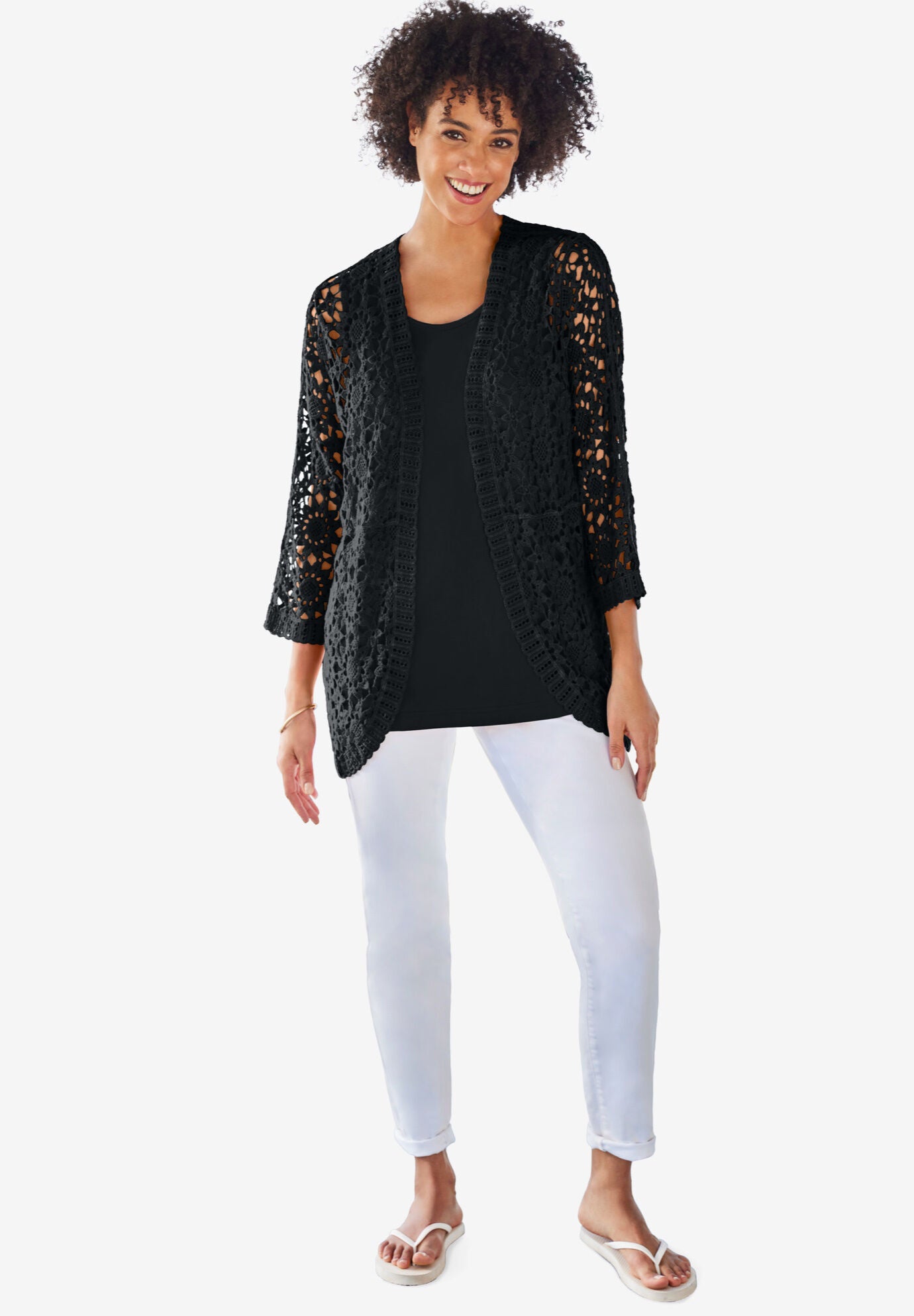 Curved Hem Pointelle Cardigan | Brylane Home