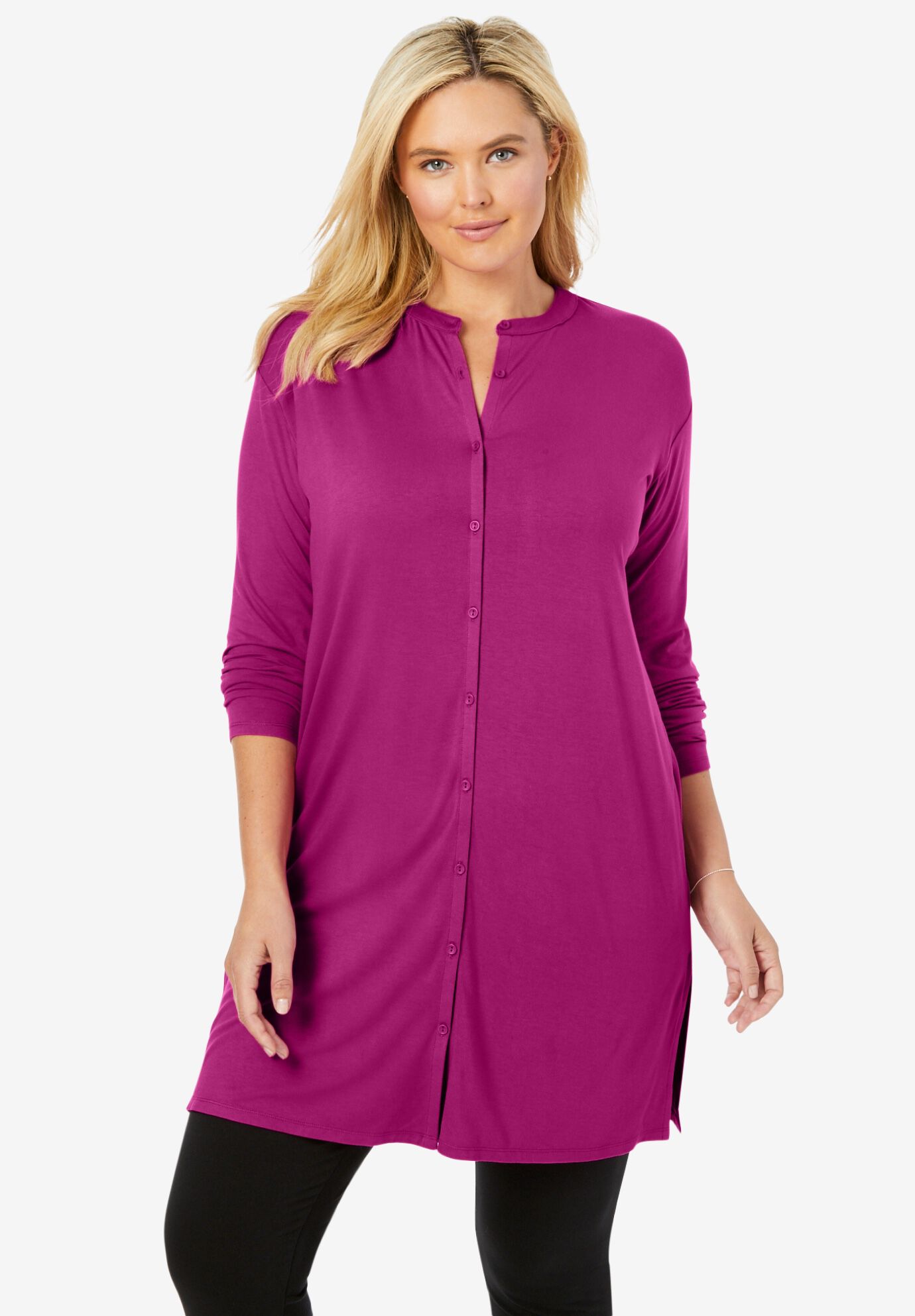 Mandarin Collar Button-Front Maxi Tunic | Brylane Home