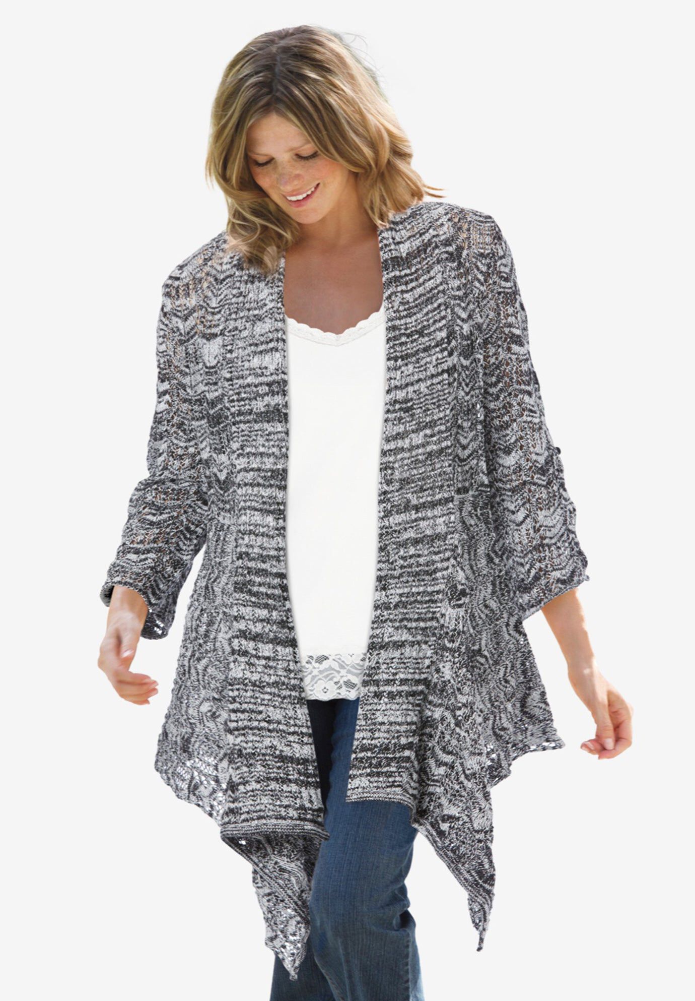 Open Front Pointelle Cardigan Sweater | Brylane Home