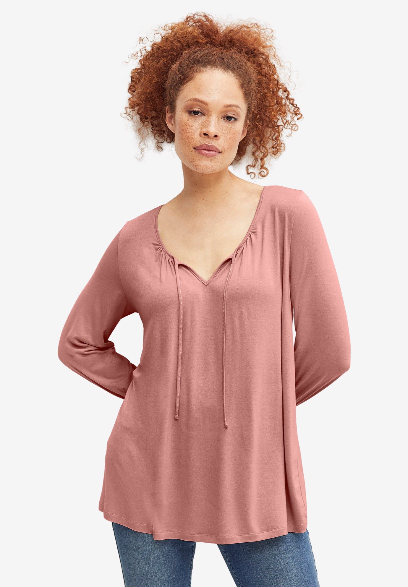 Keyhole Neckline Knit Peasant Top | Brylane Home