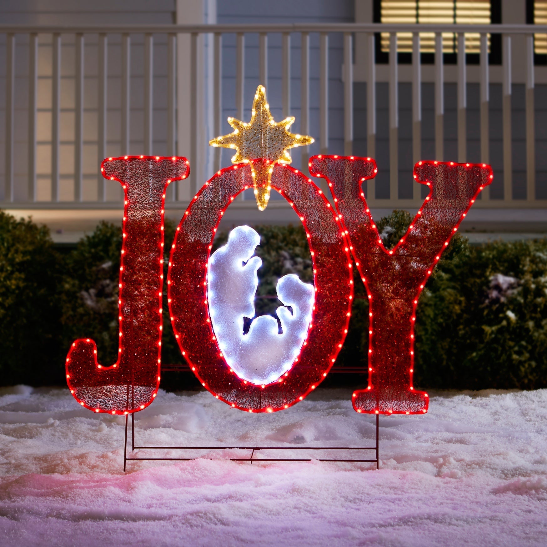 Seasonal 45"H Pre-Lit Joy Sign with Holy Family, Red White Gold ...