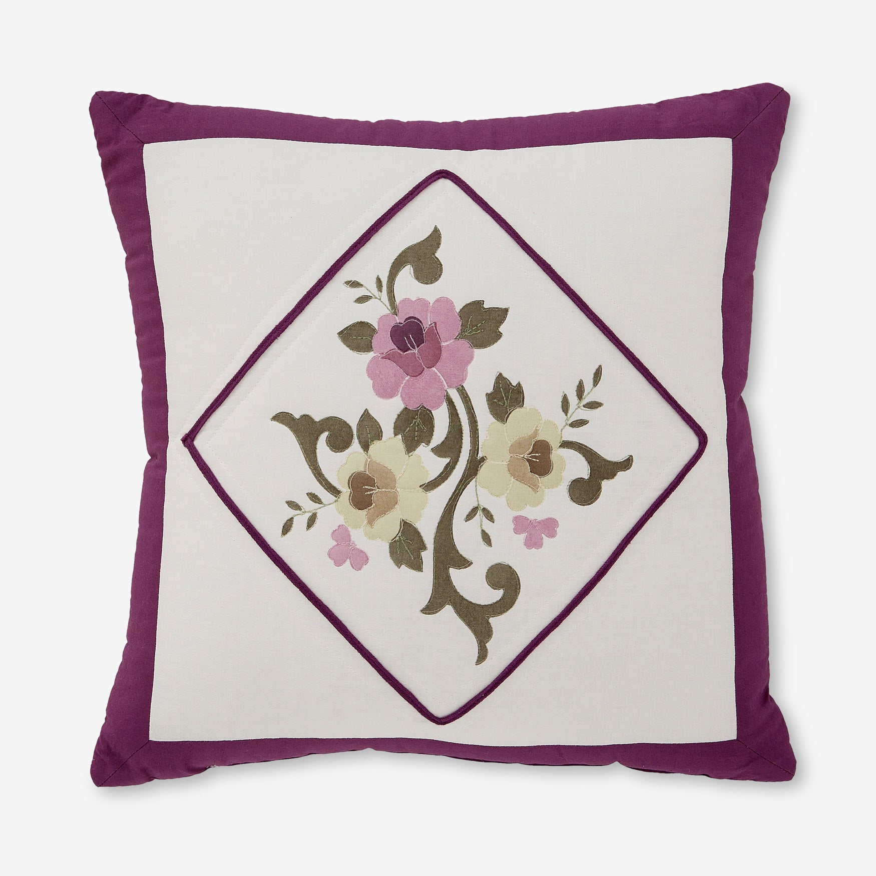 Traditional Ava Embroidered Cotton 16" Square Pillow, Plum | Brylane Home