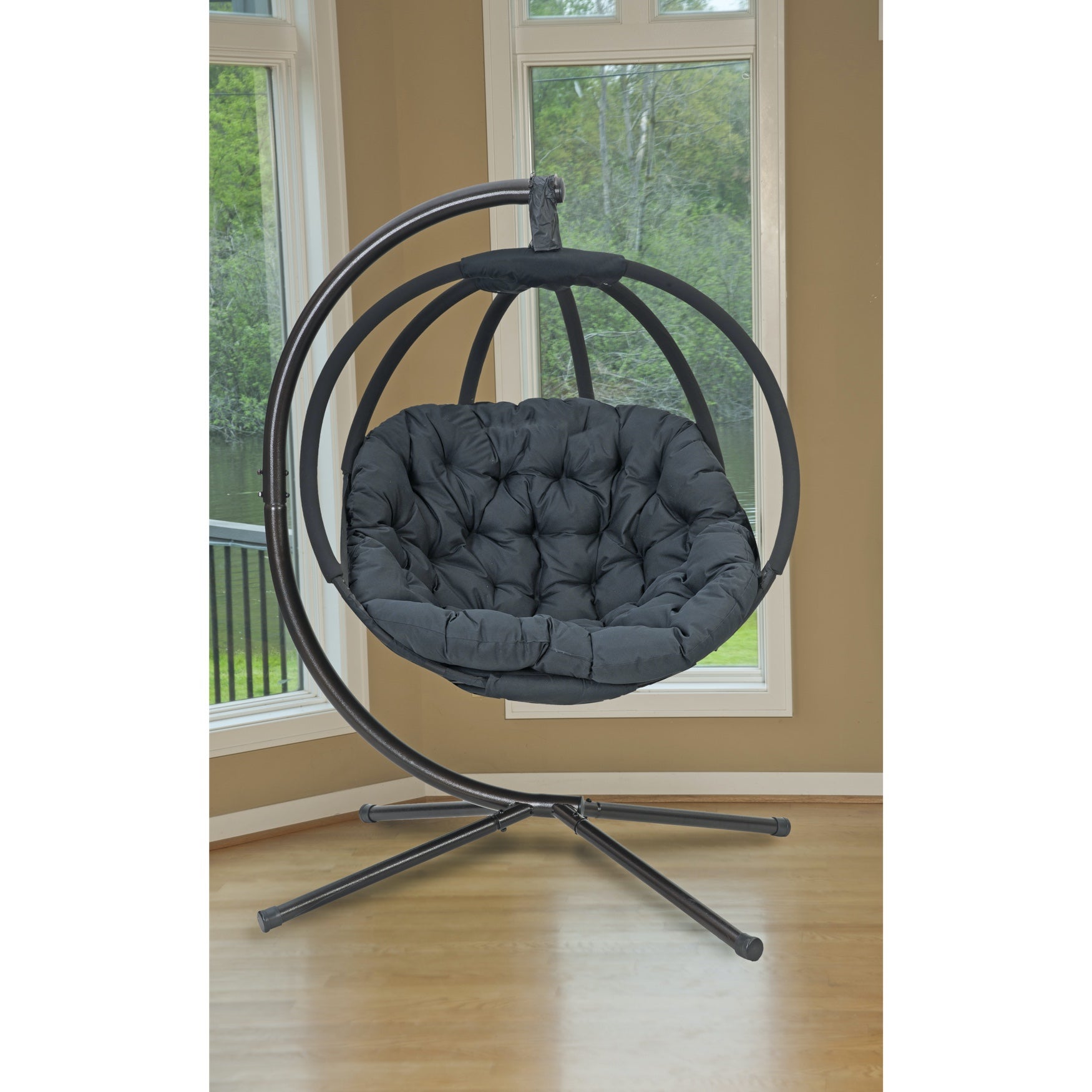 Hanging Ball Chair with Stand in Overland Black | Brylane Home