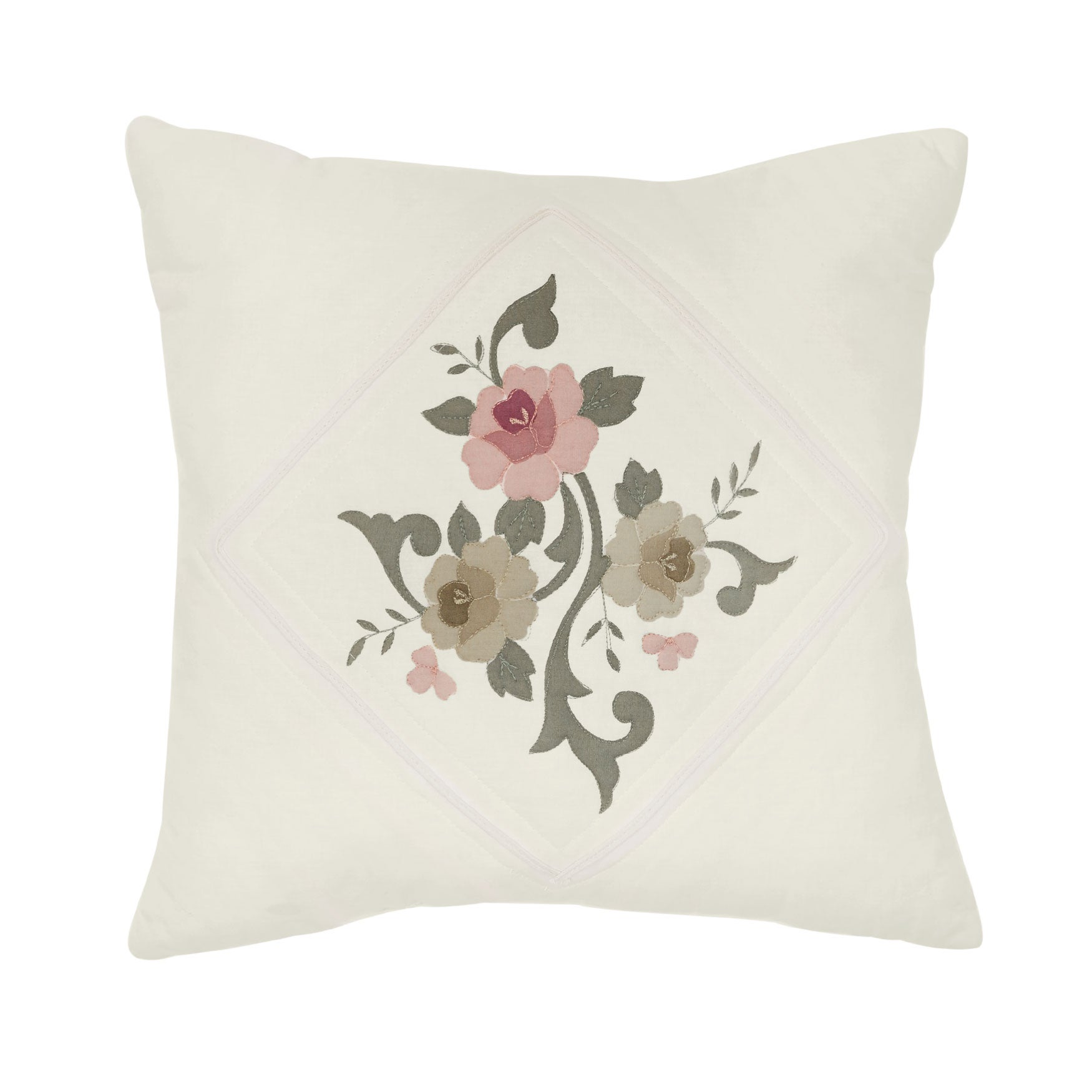 Traditional Ava Embroidered Cotton 16" Square Pillow, Ivory | Brylane Home