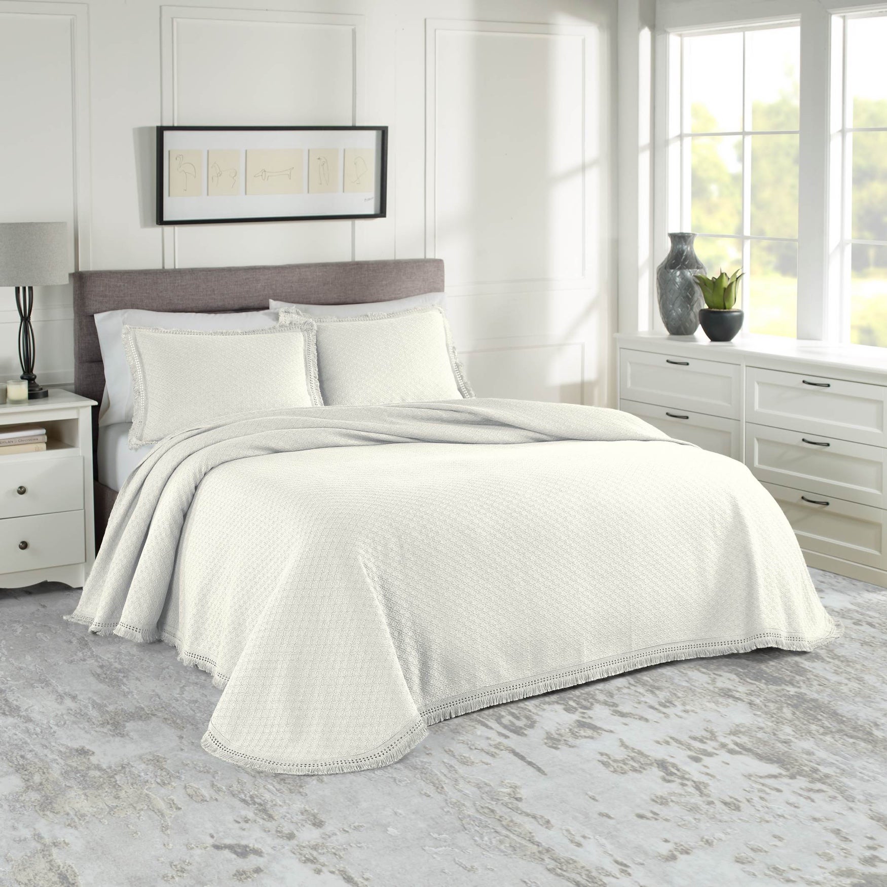 Simple Woven Jacquard Bedspread Set, White | Brylane Home