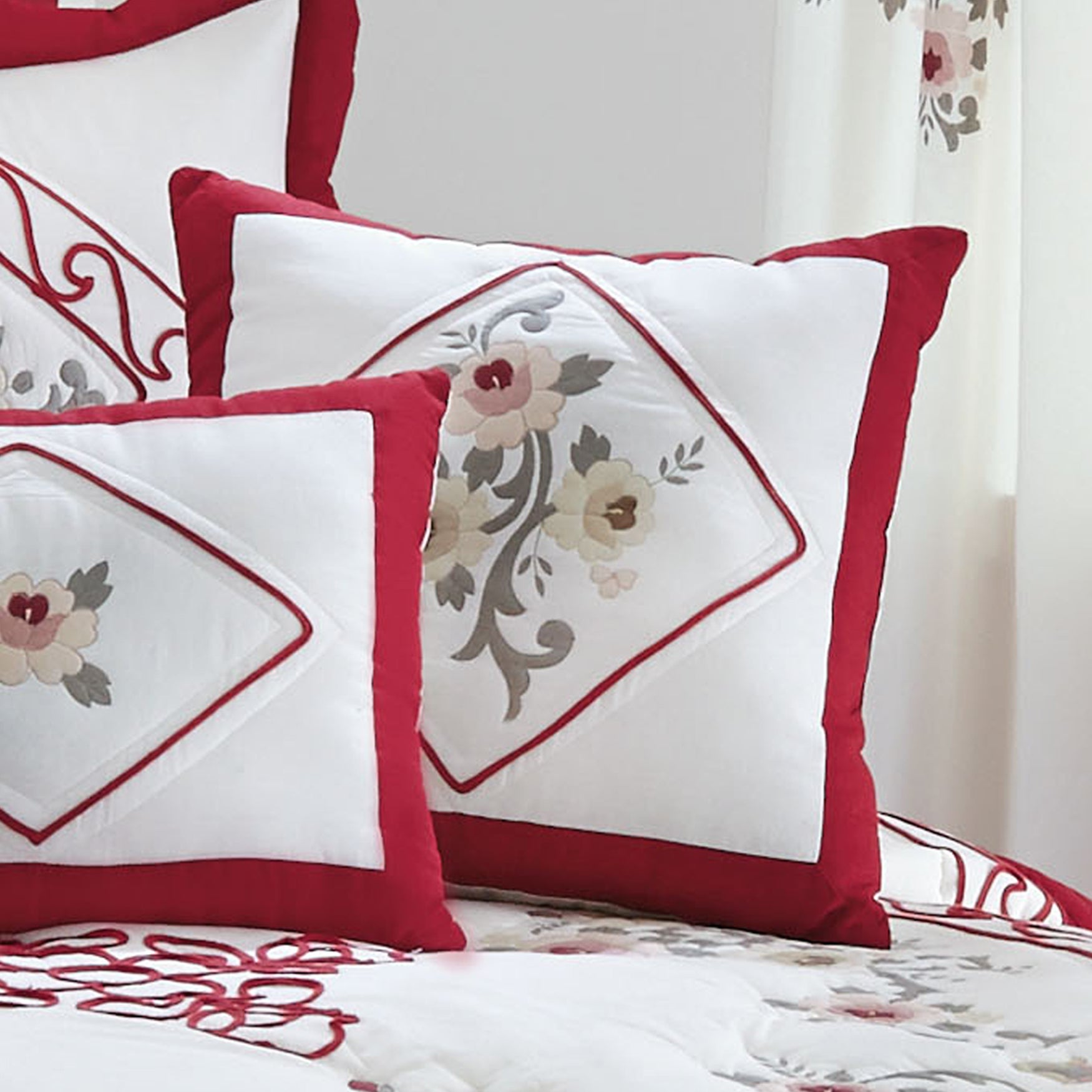 Traditional Ava Embroidered Cotton 16" Square Pillow, Red | Brylane Home