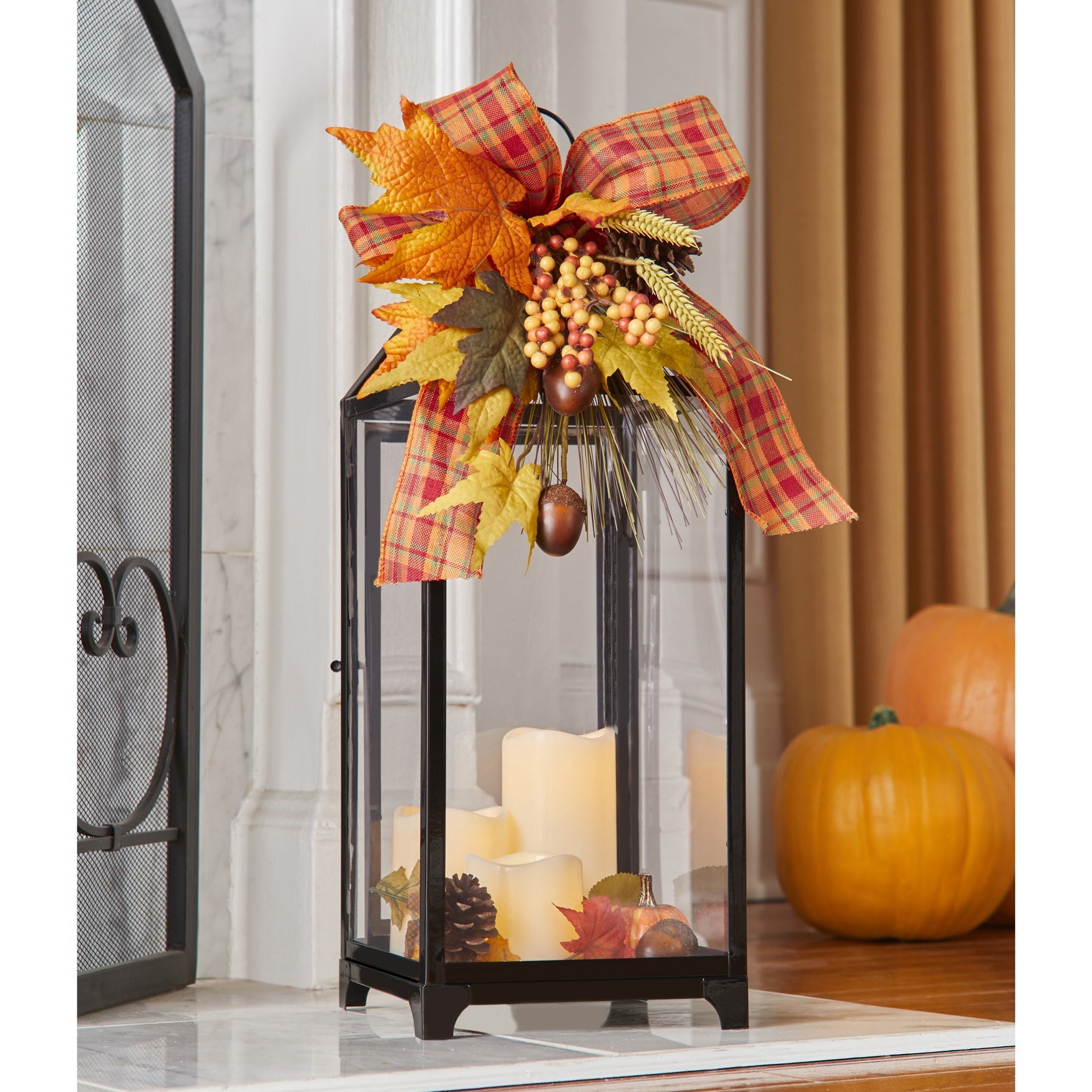 24" Harvest Wheat Lantern with 3 LED Candles | Brylane Home