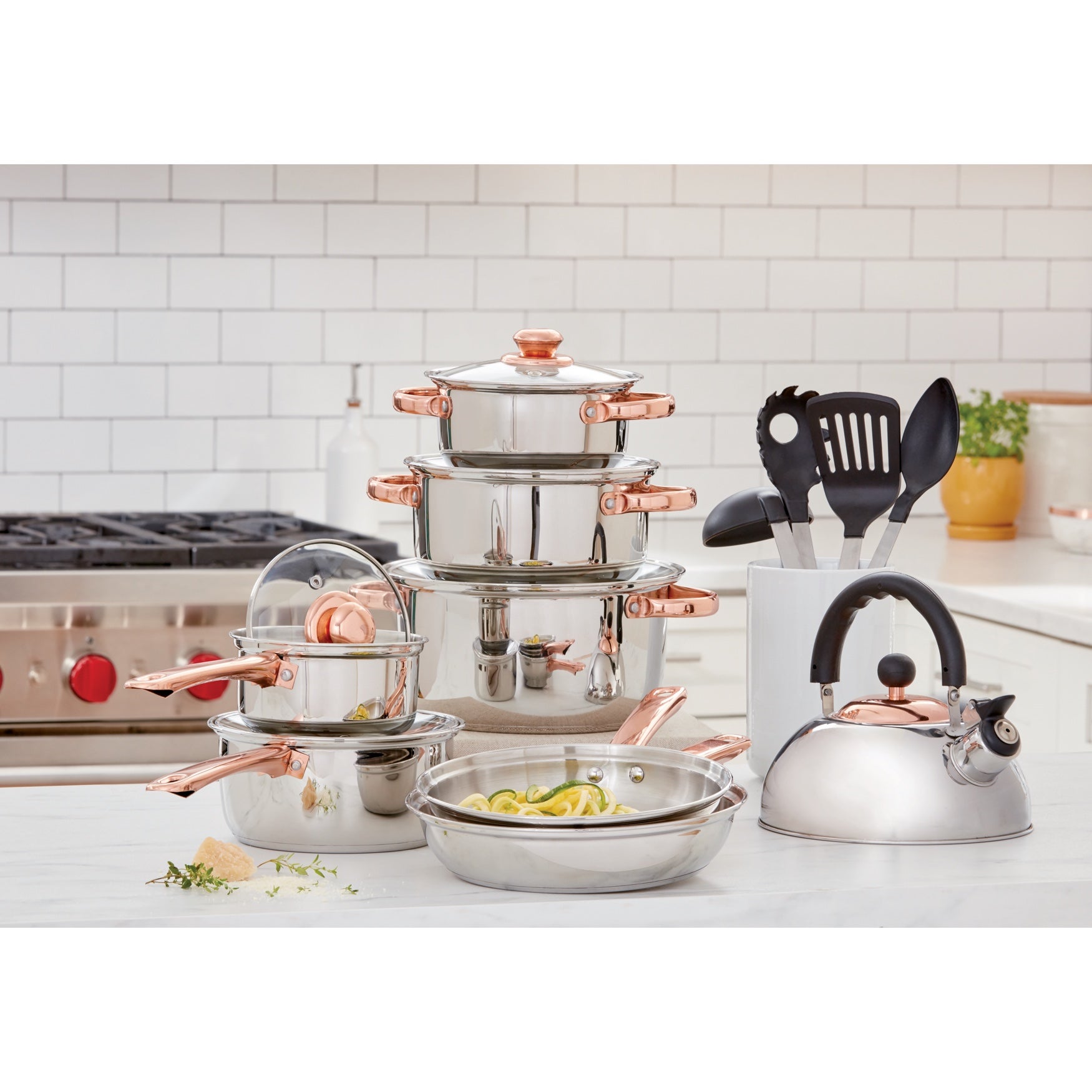 Affordable 17-Pc. Cookware & Utensil Set with Copper Knobs, Silver ...