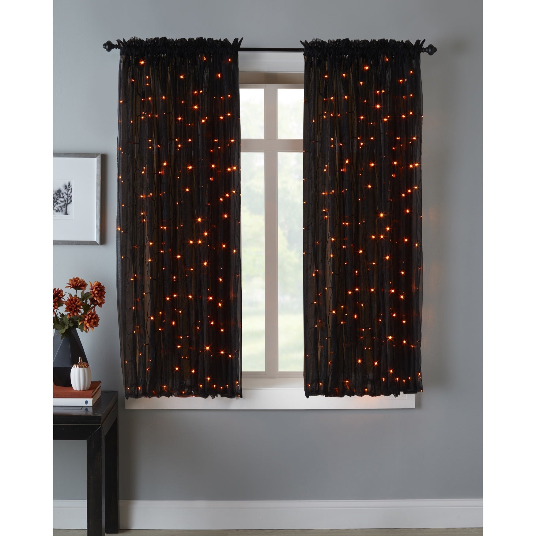 Seasonal 63" Pre-Lit Rod-Pocket Curtain Panel, Black | Brylane Home