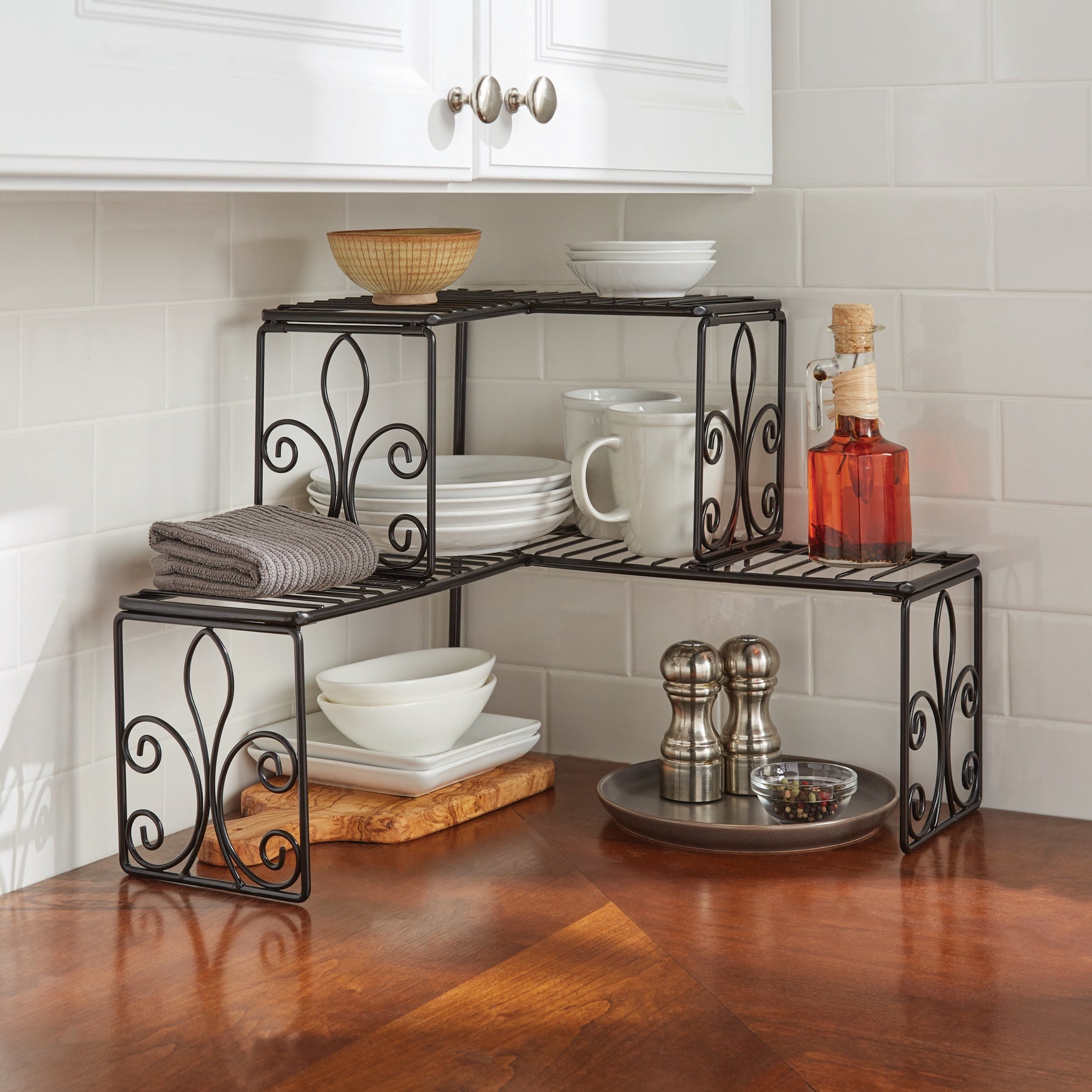 Simple Scroll 2-Tier Corner Shelf, Black | Brylane Home